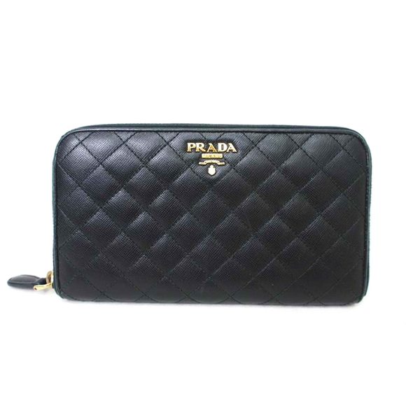 Prada | Bags | Prada Quilted Leather Round Zipper Long Wallet Black ...